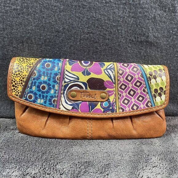 Fossil | Bags | Fossil Camel Brown Wallet Long Multicolor Patchwork ...
